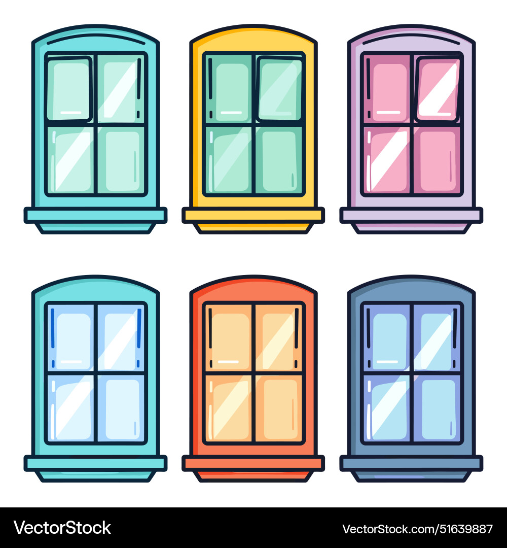 Colorful cartoonstyle windows set isolated white Vector Image