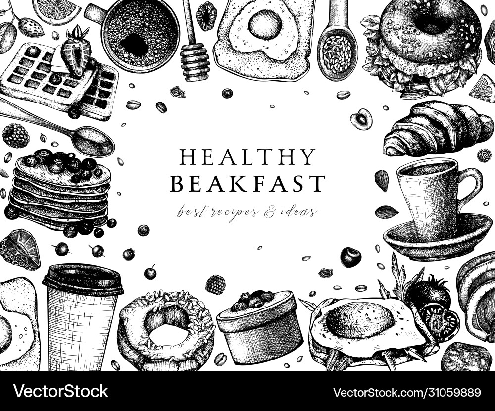 Breakfast table top view frame morning food menu Vector Image