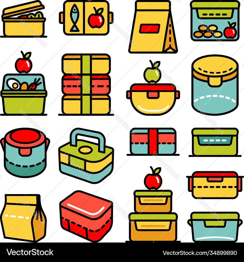 Color lunch box outline icon big set Royalty Free Vector