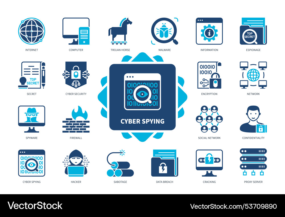 Cyber spying solid icon set Royalty Free Vector Image