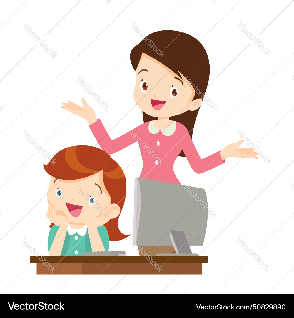 Happy teacher and student learning computer Vector Image