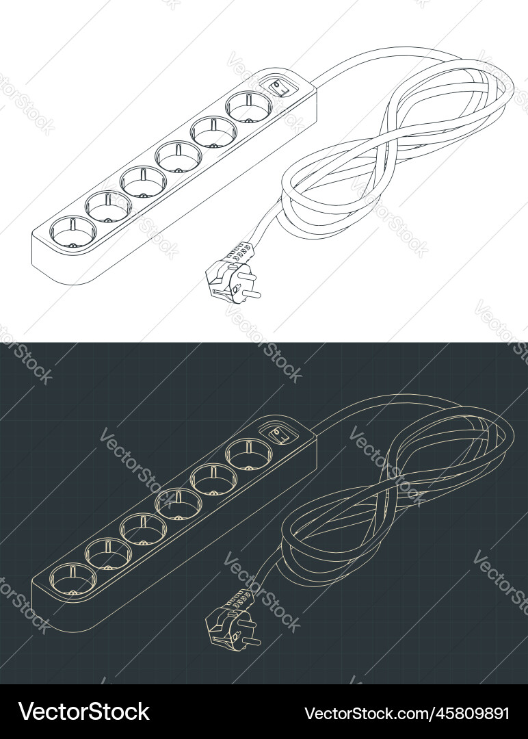 Extension cord with 6 sockets isometric blueprints