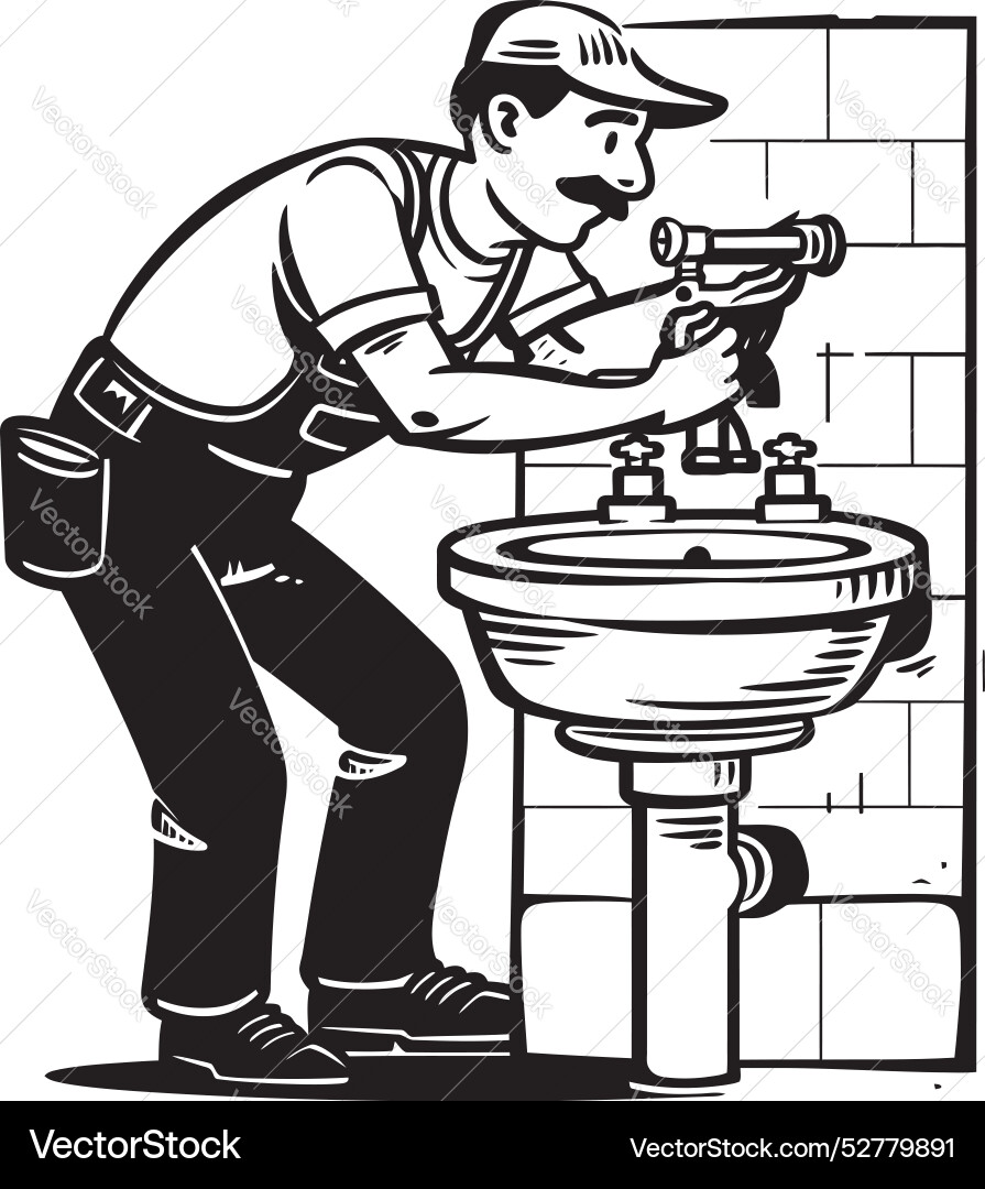Pipe genius plumbing worker repairs logo icon tap Vector Image