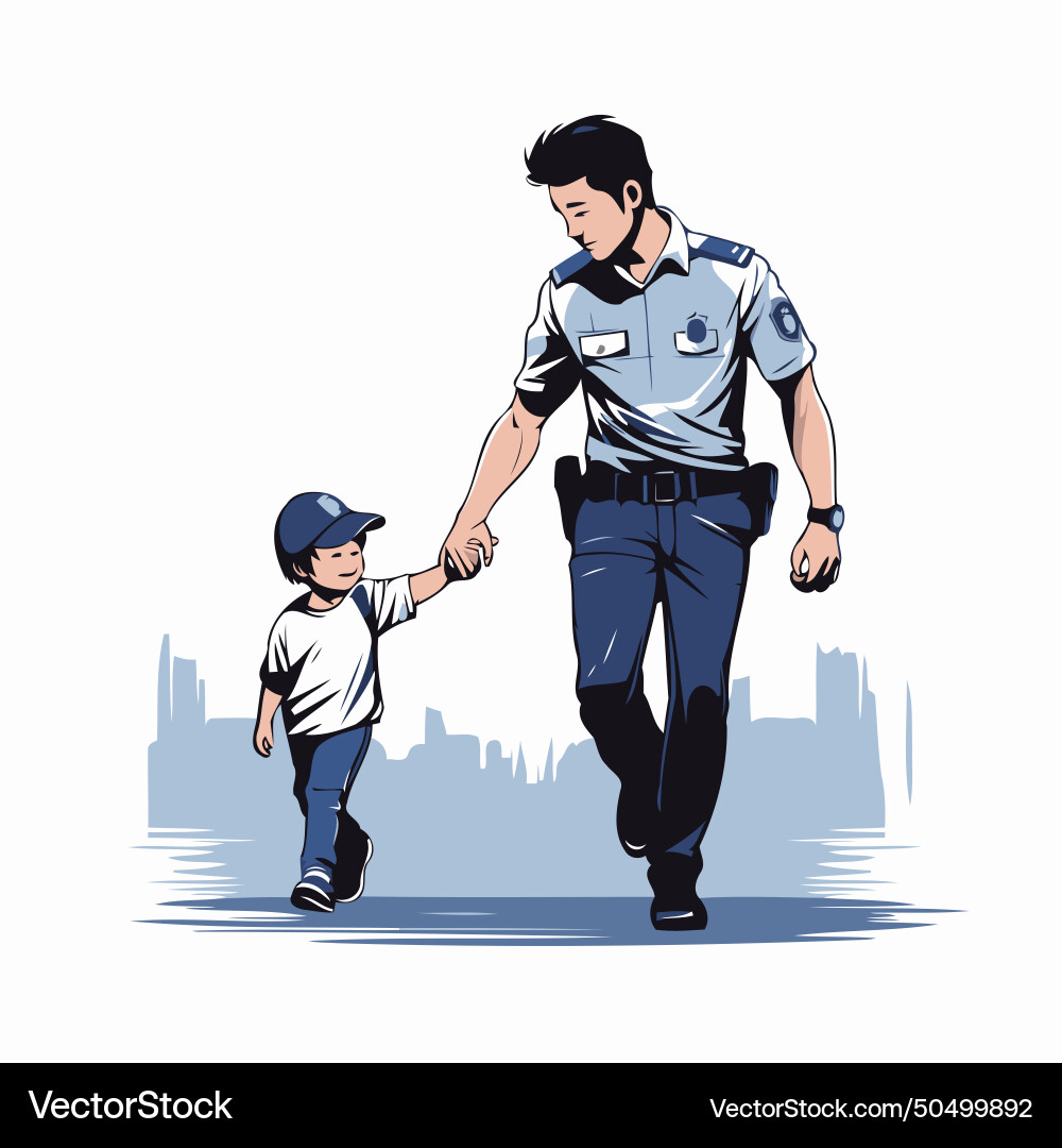 A policeman walking with child in his arms Vector Image