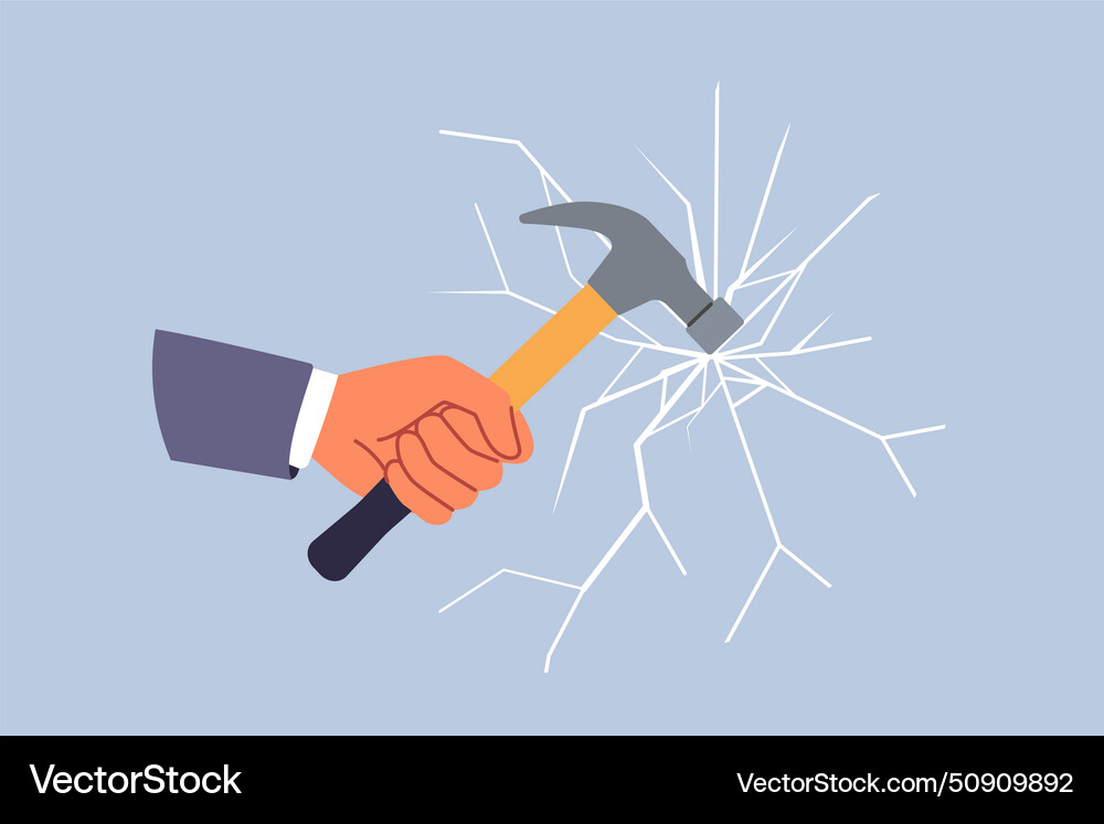 Glass breaks from blow hammer held by hand Vector Image