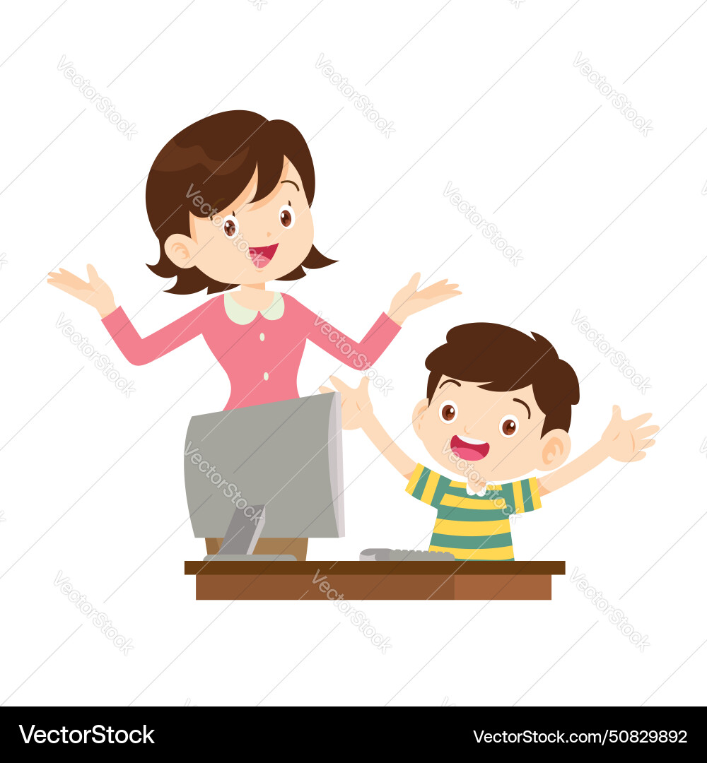 Happy teacher and student learning computer Vector Image