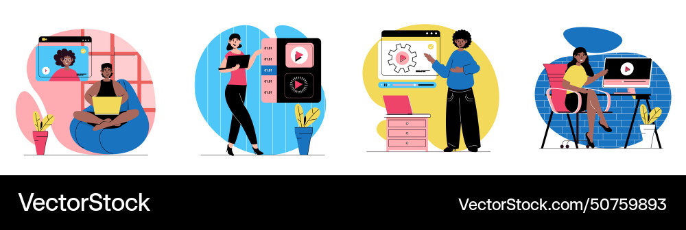 Video tutorial concept with people scenes set Vector Image