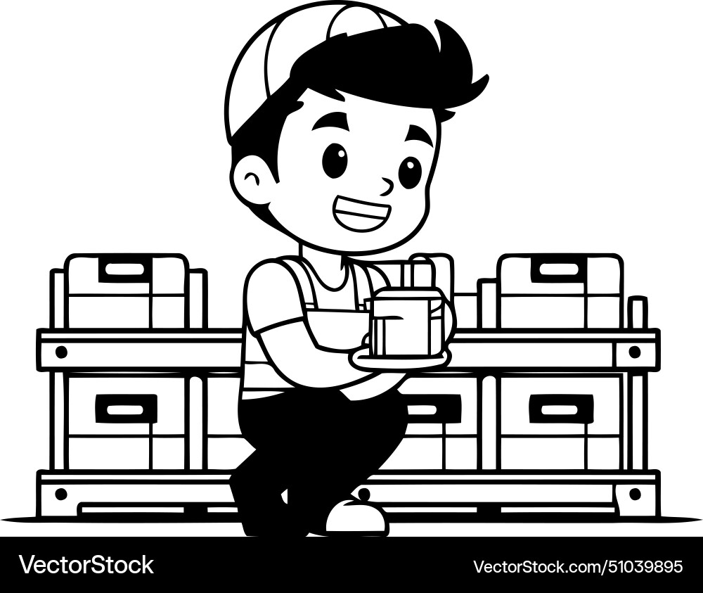 Cute little boy working with boxes in warehouse – Royalty-Free Vector ...