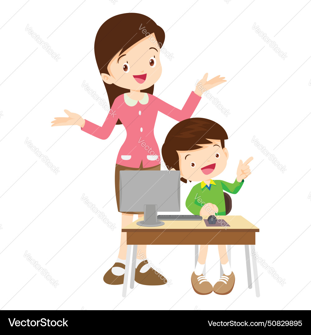 Happy teacher and student learning computer Vector Image