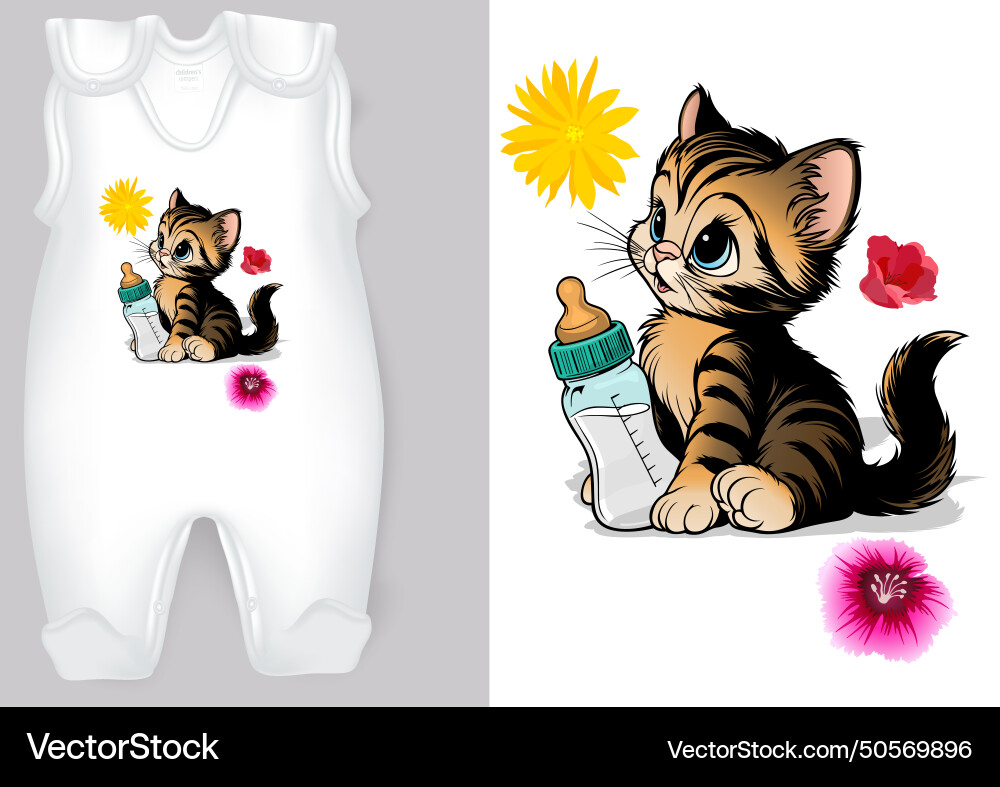 Baby rompers with a cartoon kitty Royalty Free Vector Image