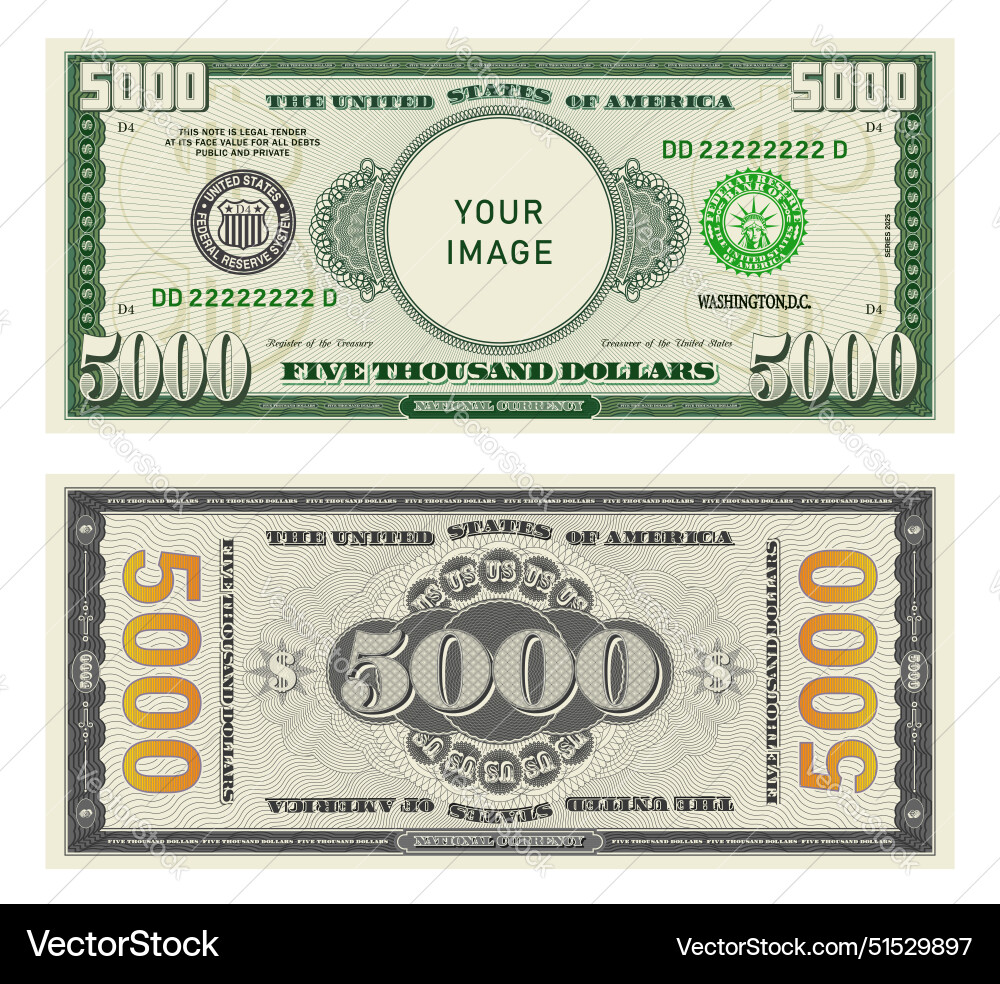 Detailed 5000 USD Banknote - US Dollar Bill Vector Image