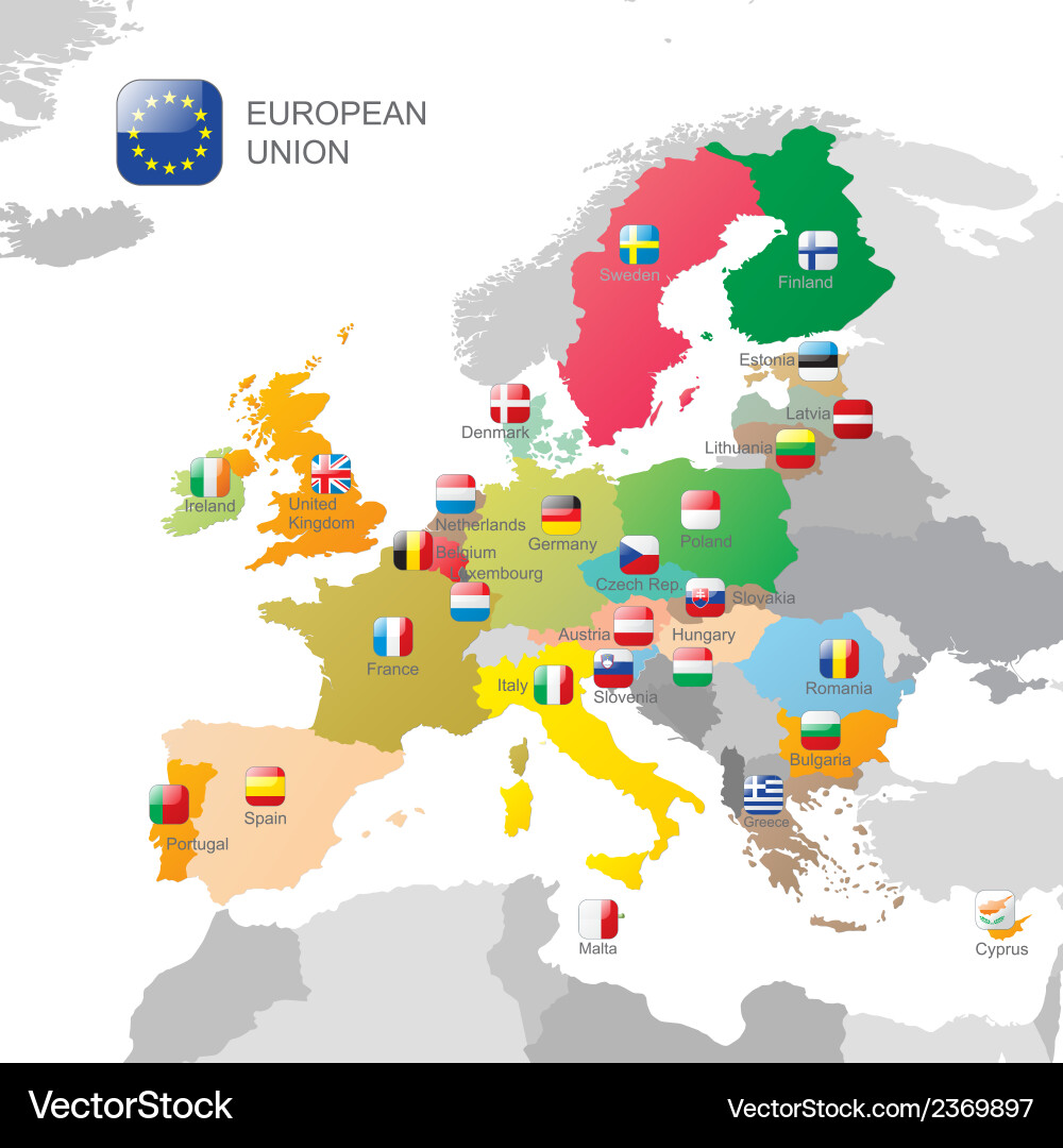 European Union Map with Flags Royalty Free Vector Image