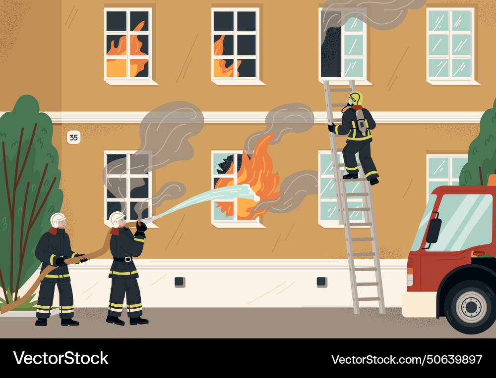 Fireman rescue team extinguishing burning house Vector Image