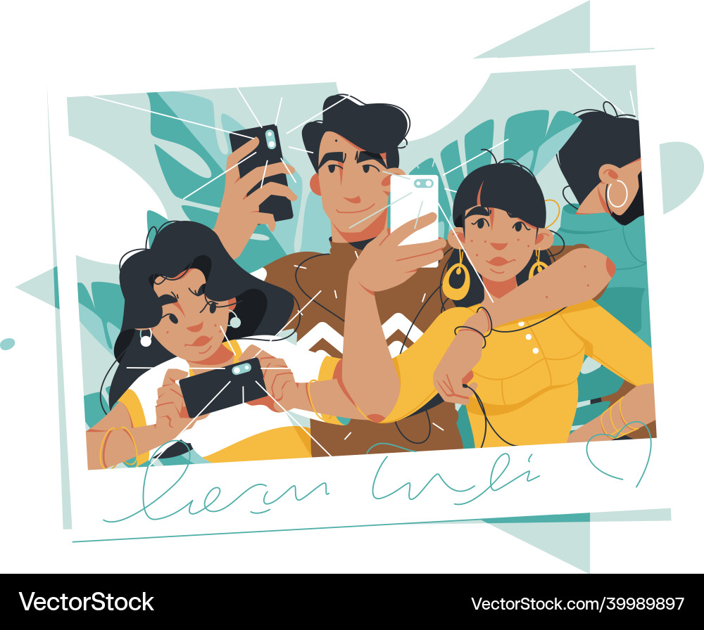Friends taking photo together Royalty Free Vector Image