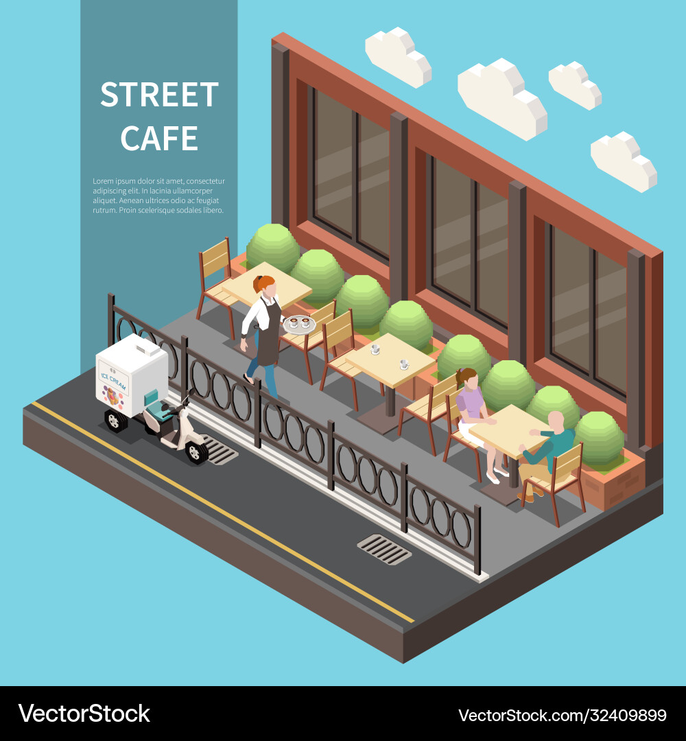 Street cafe terrace isometric colored composition Vector Image