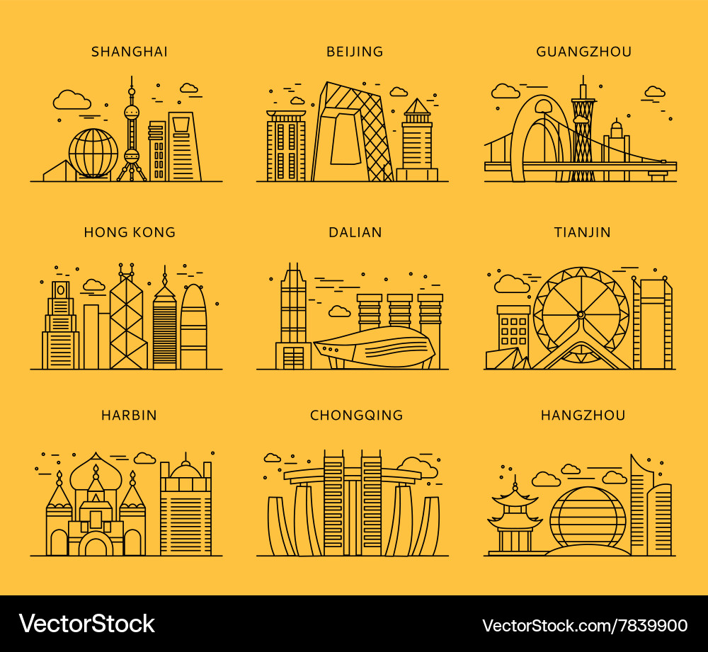 Icons chinese major cities flat style Royalty Free Vector