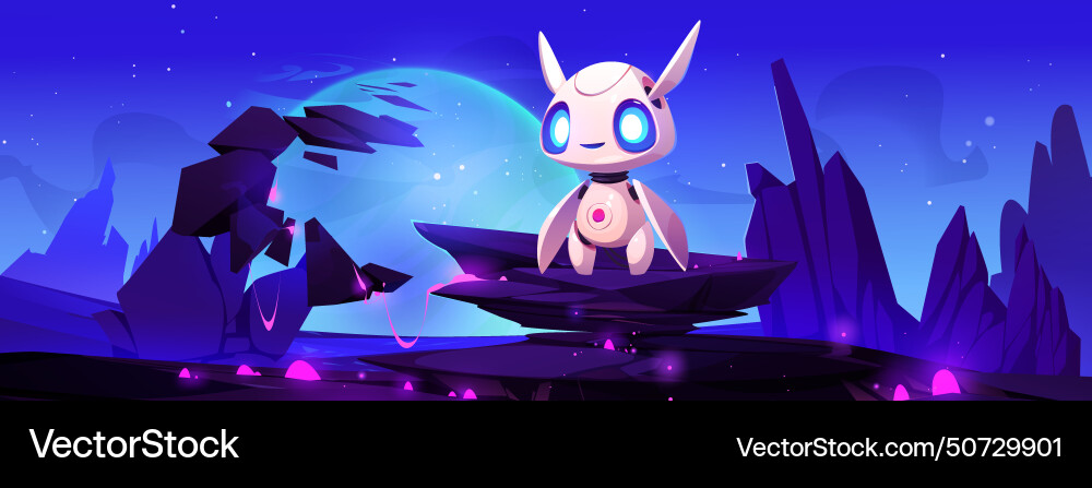 Alien planet landscape with cute robot astronaut Vector Image