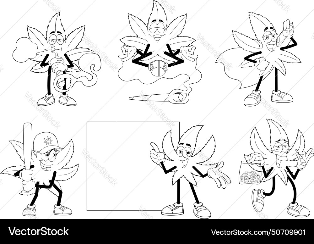 Outlined funny marijuana leaf cartoon characters Vector Image