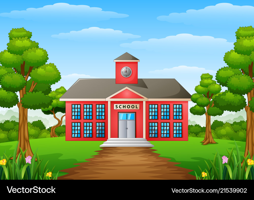 Cartoon School Building with Green Yard Royalty Free Vector