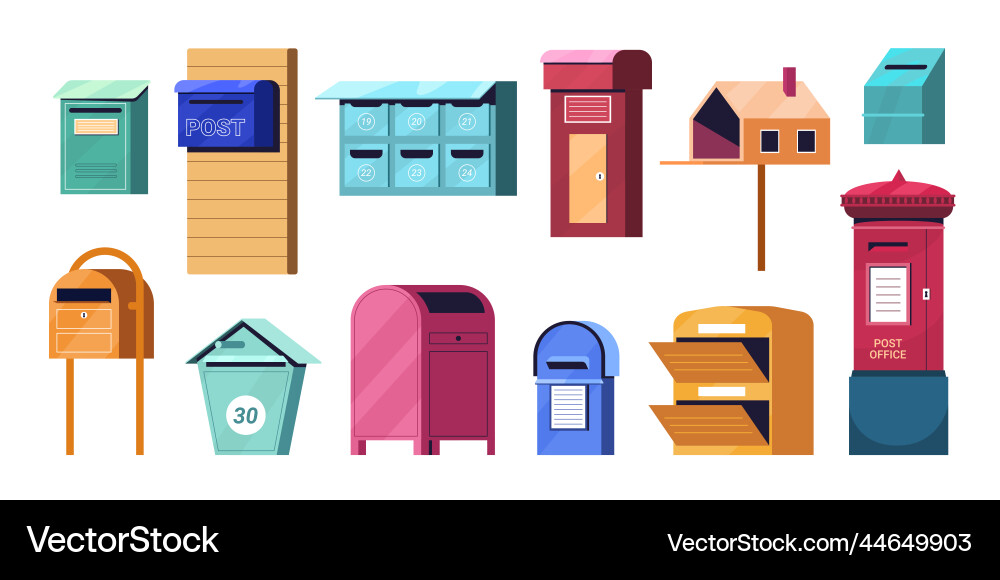 Cartoon color mailboxes or post boxes Royalty Free Vector