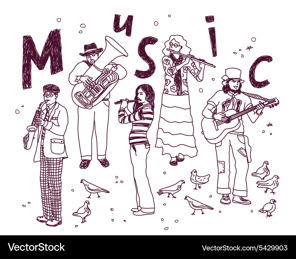 Music group people isolate white ink doodles Vector Image