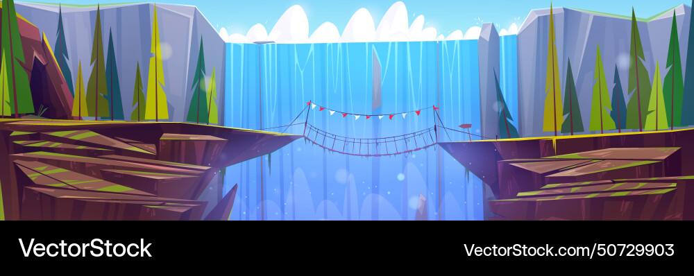 Suspension rope bridge in mountains with waterfall