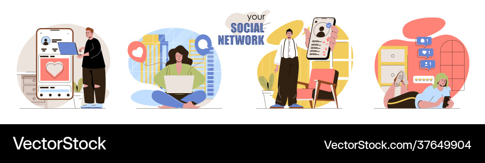 Social network concept scenes set collection Vector Image