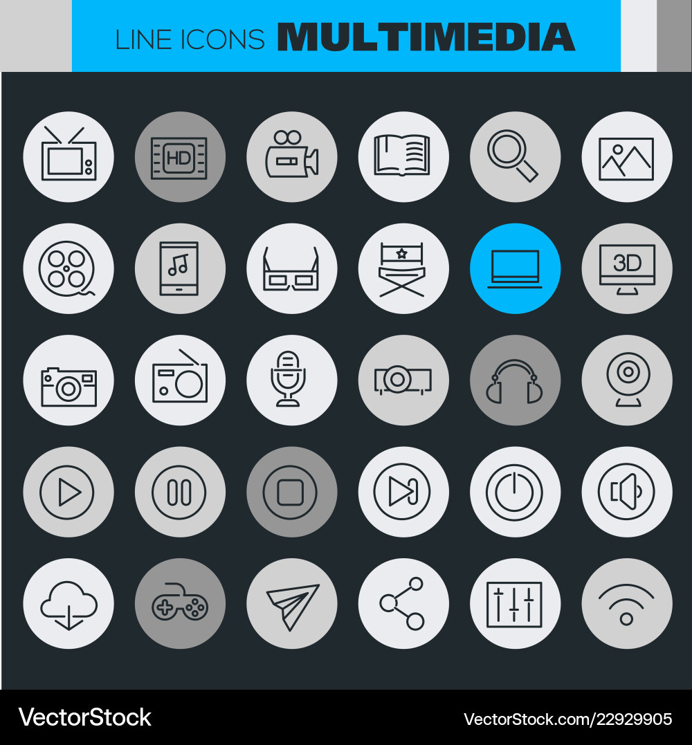 Multimedia linear icons collection Royalty Free Vector Image