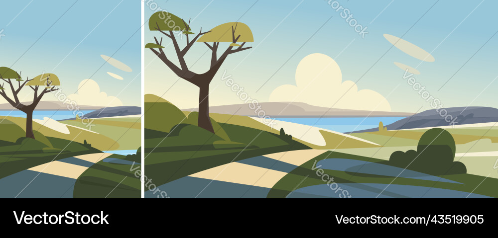 Spring landscape with road to the lake Royalty Free Vector