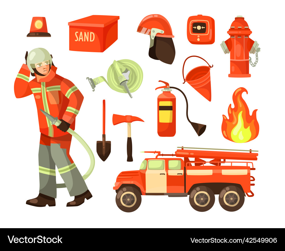 Firefighter and firefighting equipment cartoon set
