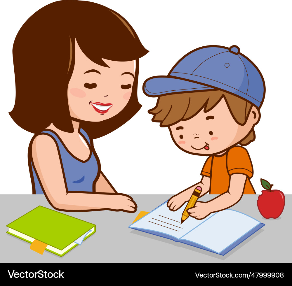 Mother helping her child with his homework Vector Image