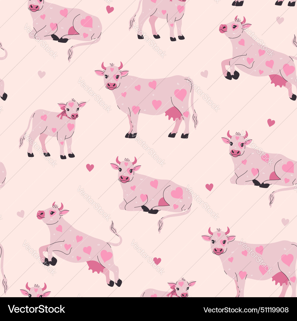Seamless pattern of cute cows with pink heart Vector Image