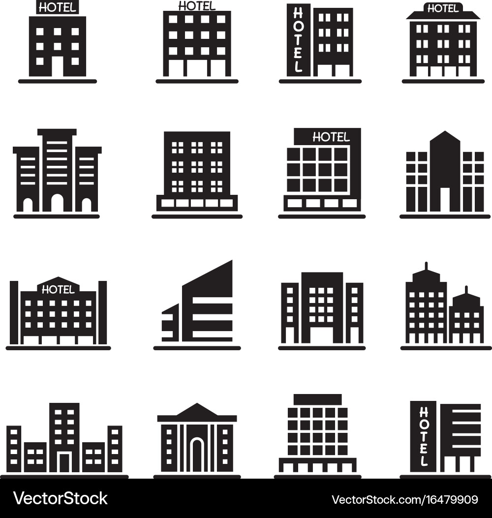 Hotel building office tower icons set Royalty Free Vector