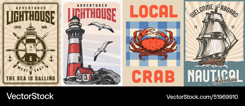 Sea lighthouses set posters colorful Royalty Free Vector