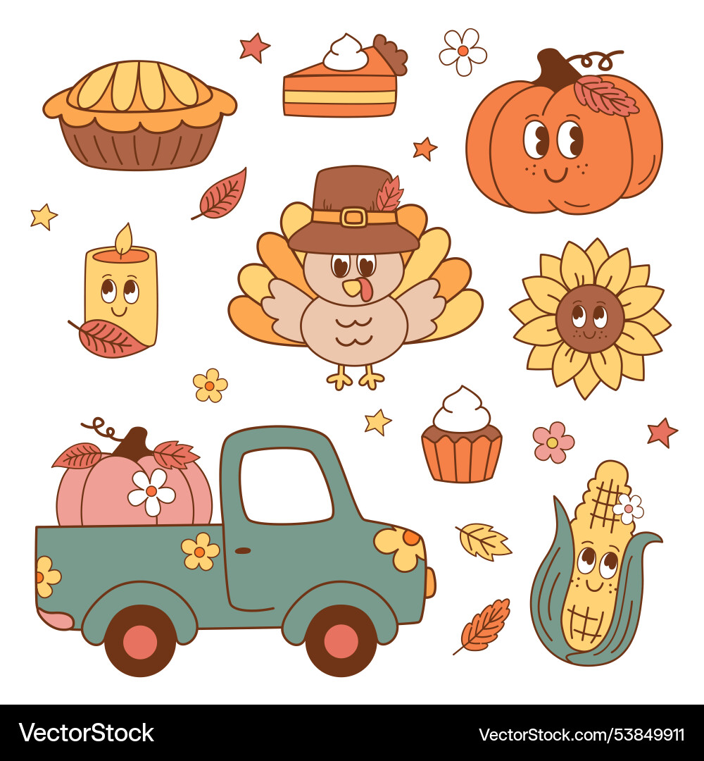 Set of isolated cute thanksgiving elements Vector Image
