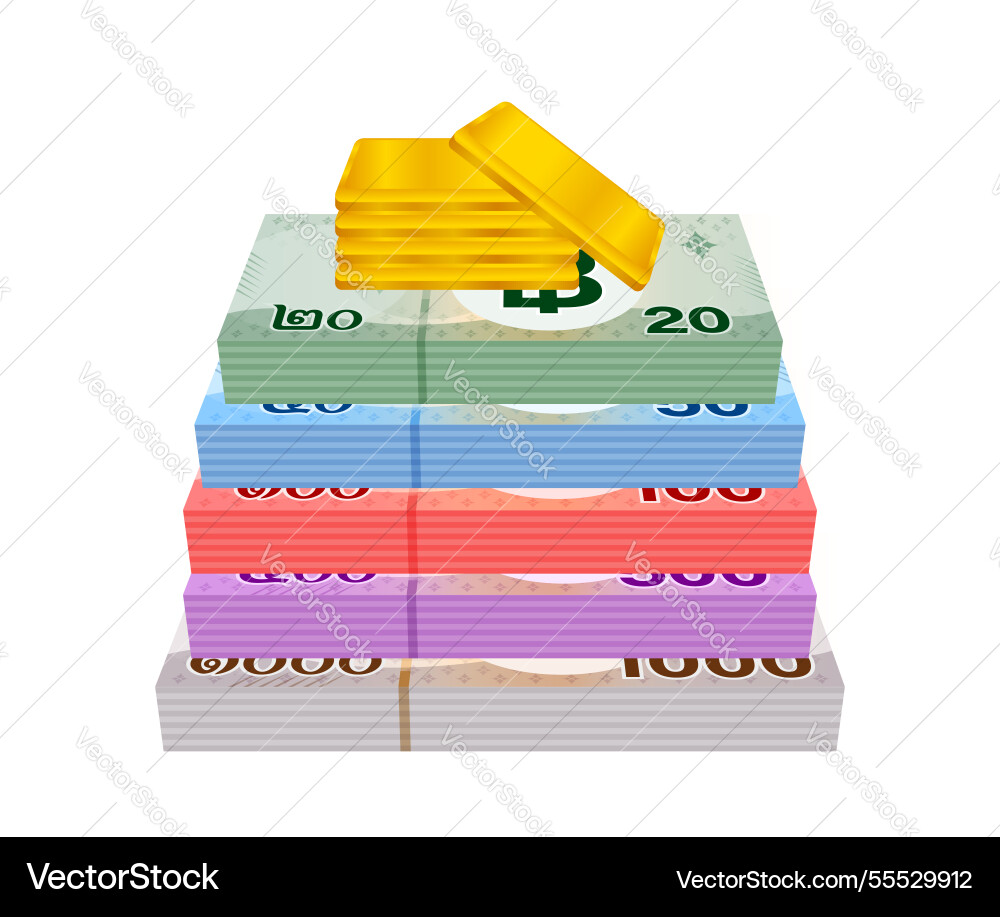 Gold bars and stack thai money bullion Royalty Free Vector