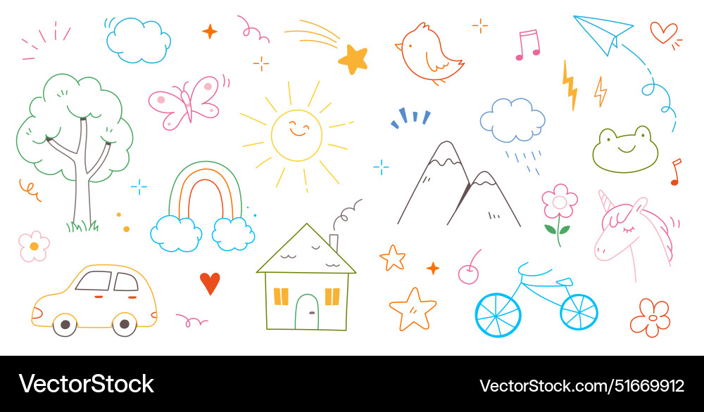 Kid cute doodle set sun house tree Royalty Free Vector Image