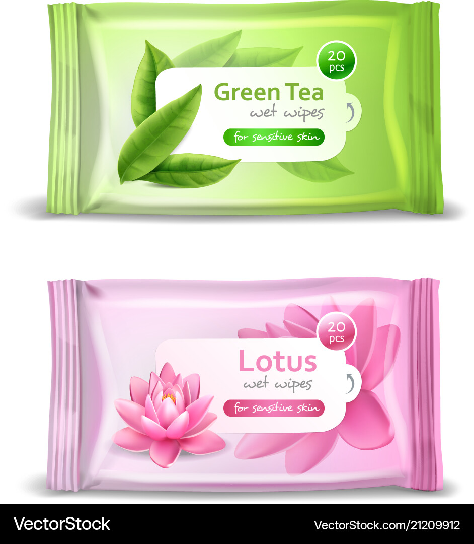 Realistic wet wipes packaging set Royalty Free Vector Image