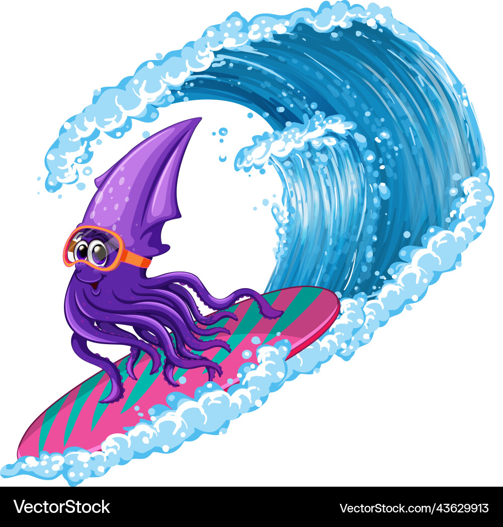 Cute Squid Surfing on a Surfboard Royalty Free Vector Image