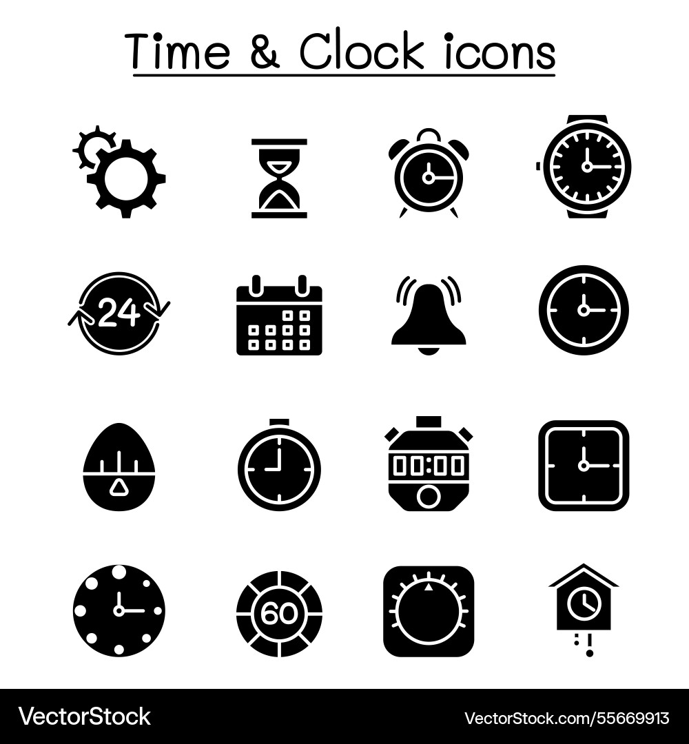 Time and clock icon set in glyph style Royalty Free Vector