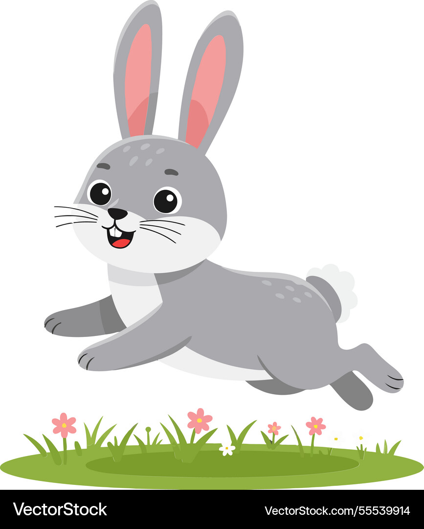 Cute gray rabbit hopping joyfully across green Vector Image