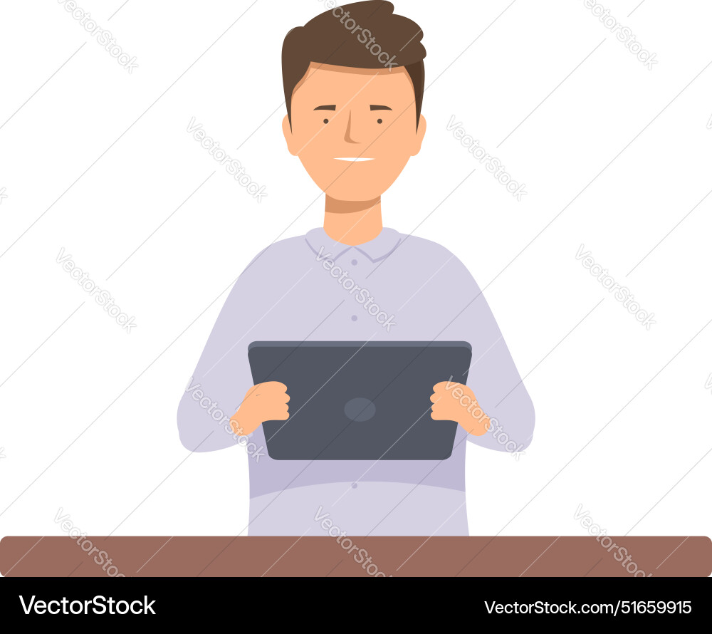 Young man sitting at desk holding tablet computer Vector Image