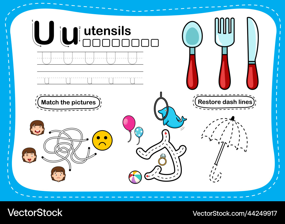 Alphabet letter u - utensils exercise Royalty Free Vector
