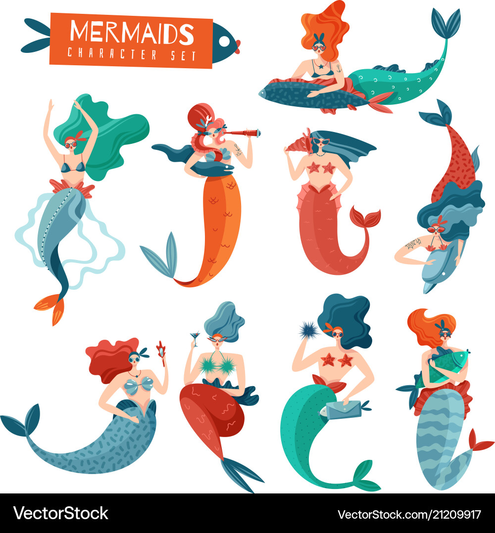 Mermaids characters set Royalty Free Vector Image