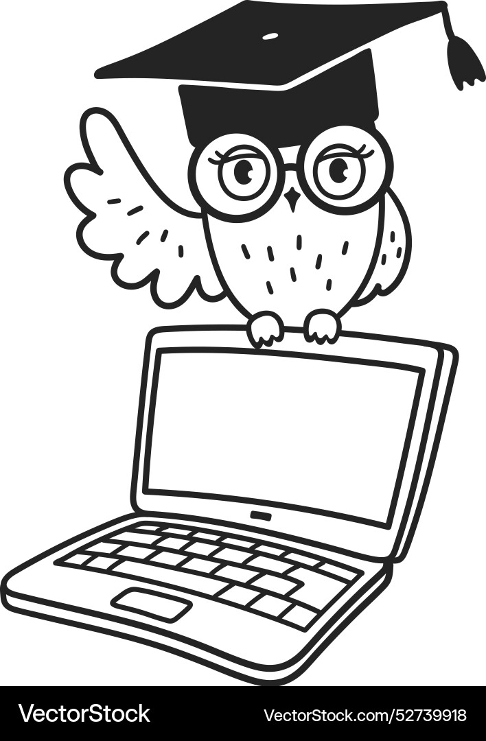Cute owl character sitting on laptop Royalty Free Vector