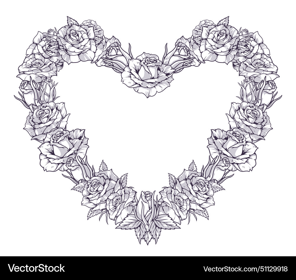 Heart From Roses Frame Monochrome Royalty Free Vector Image