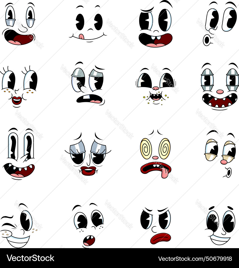 Retro cartoon funny faces collection set Vector Image