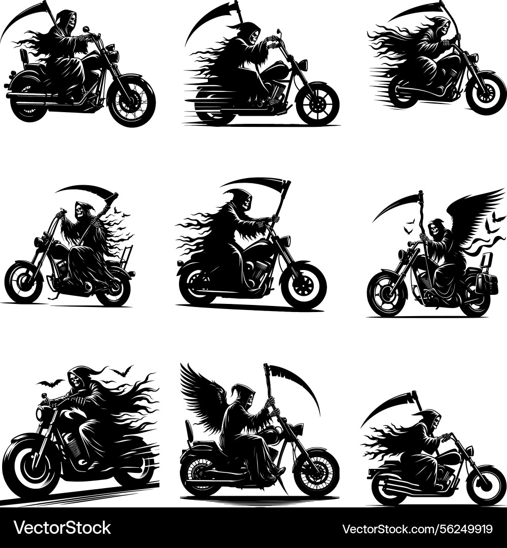 Grim reaper riding motorcycle bundle silhouette Vector Image