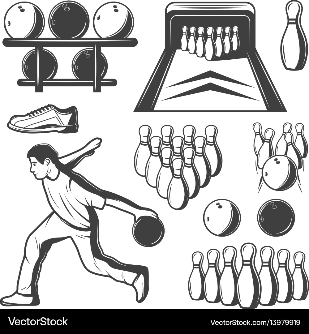 Monochrome vintage bowling elements collection Vector Image