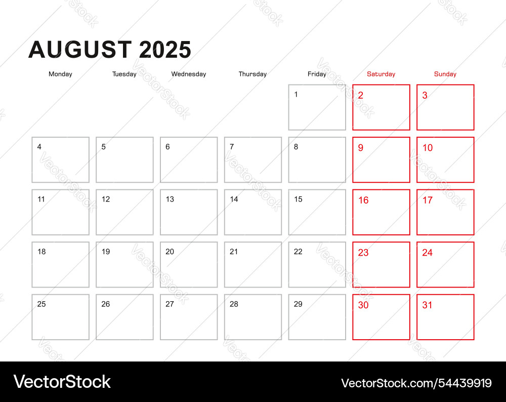Wall planner for august 2025 in english language Vector Image